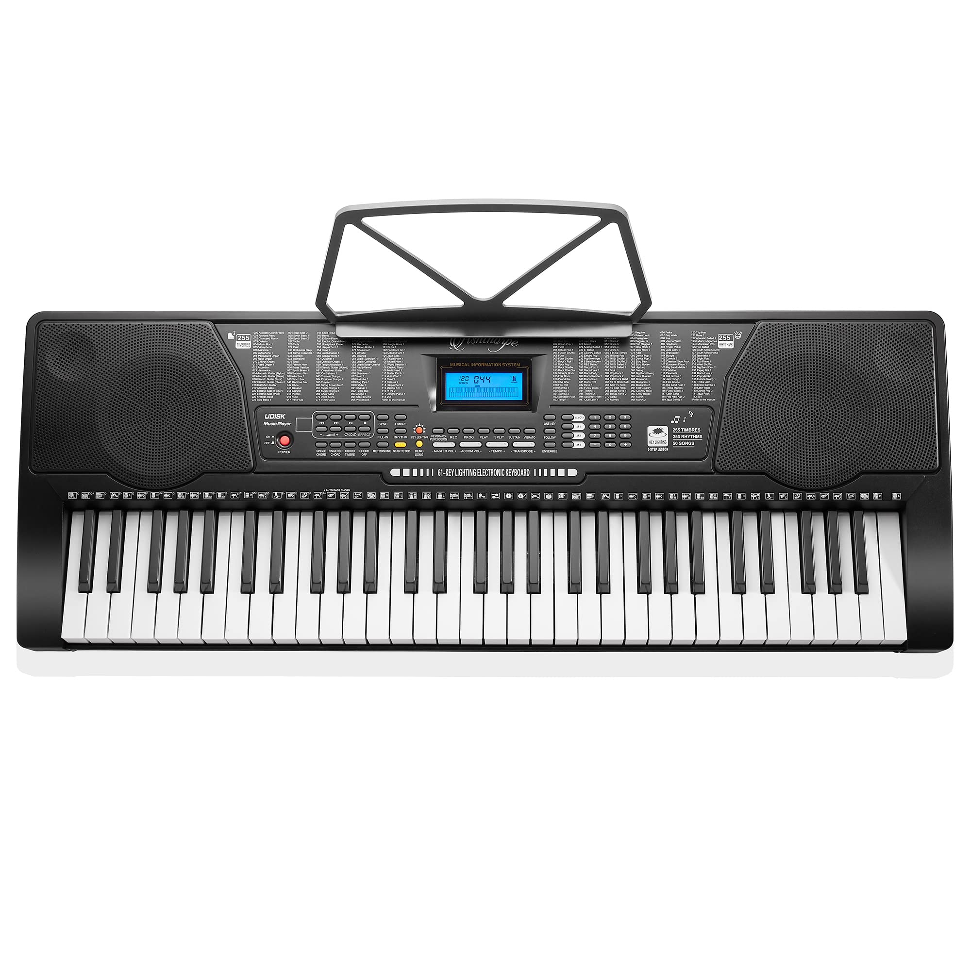 Ashthorpe 61-Key Digital Electronic Keyboard Piano with Light Up Keys, Beginner Kit Includes Stand, Stool, Headphones, Mic and Keynote Stickers