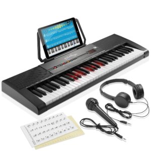 ashthorpe 61-key digital electronic keyboard piano with light up keys, portable beginner kit includes headphones, mic and keynote stickers