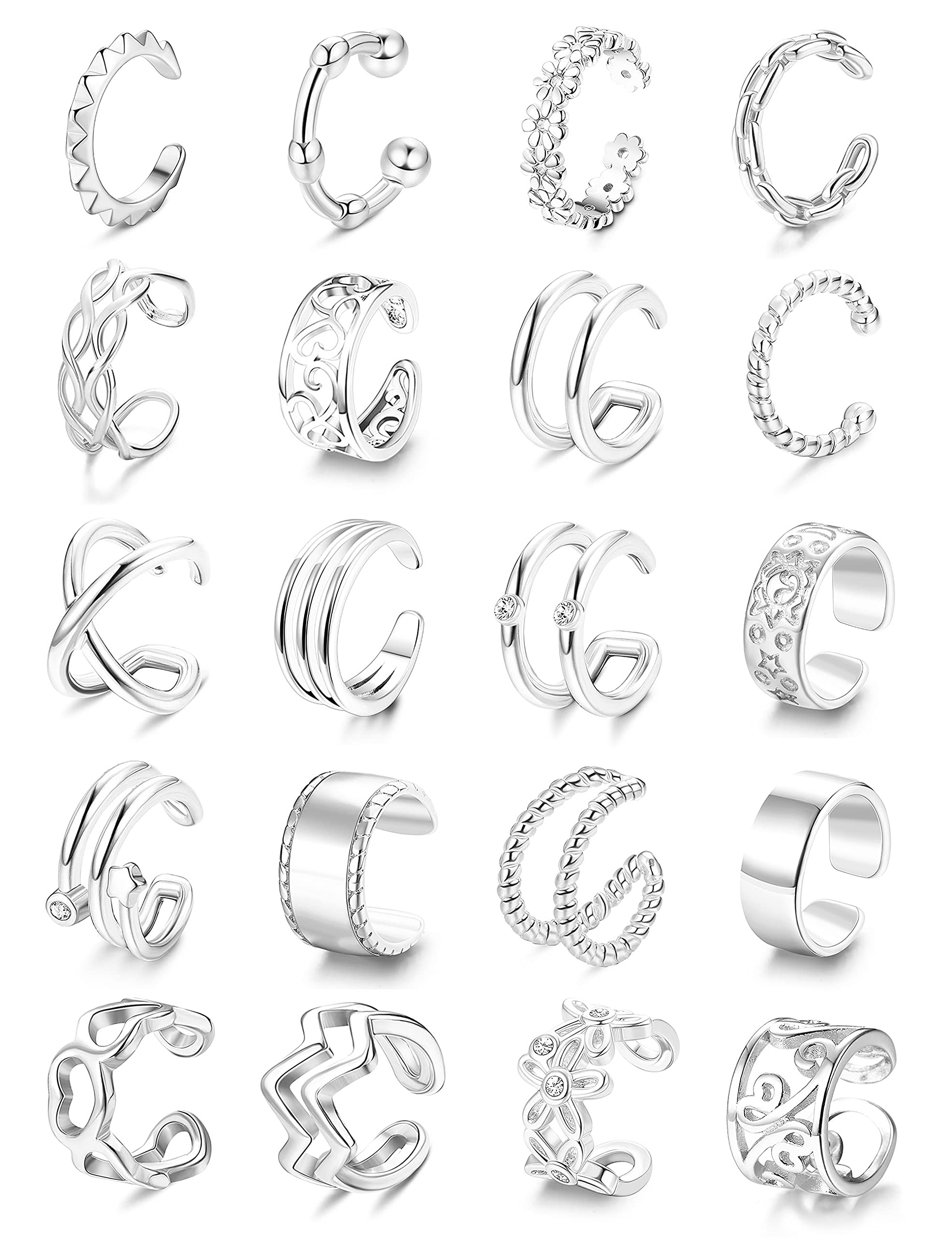 LOYALLOOK 20PCS Ear Cuff Earrings Set Adjustable for Women Stainless Steel Non-Piercing Cartilage Clip On Wrap Earring Fake Helix Cartilage Cuffs Fake Lip Nose Ring Silver Tone