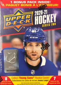 2020/21 upper deck series 2 hockey blaster box - 6 packs plus 1 bonus pack - 8 cards each - 1 young guns card per box on average