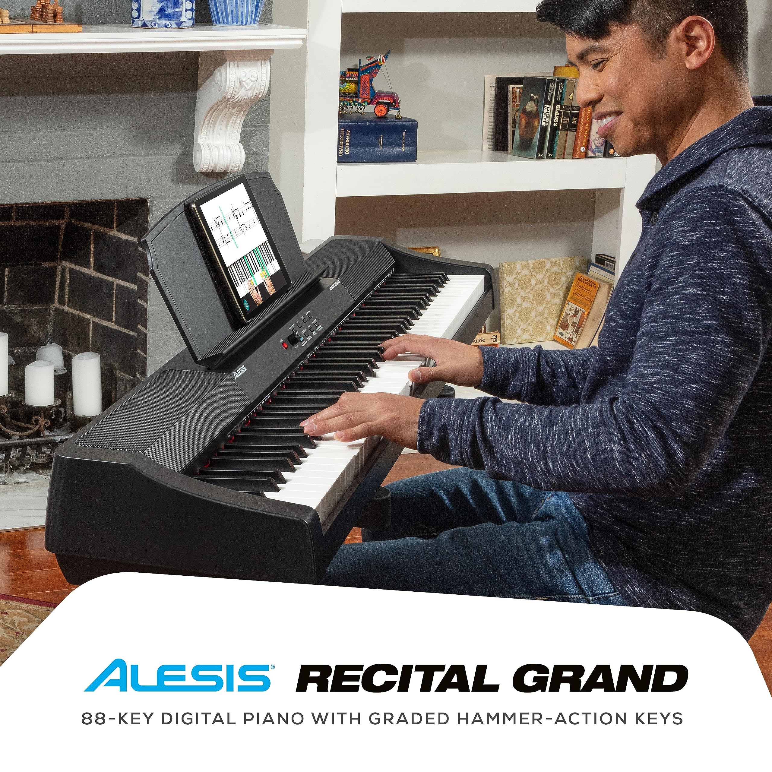 Alesis Recital Grand - Digital Piano 88 Weighted Keys with Hammer Action, Sustain Pedal, 16 Premium Voices, Speakers, Piano Lessons, Sheet Music Stand