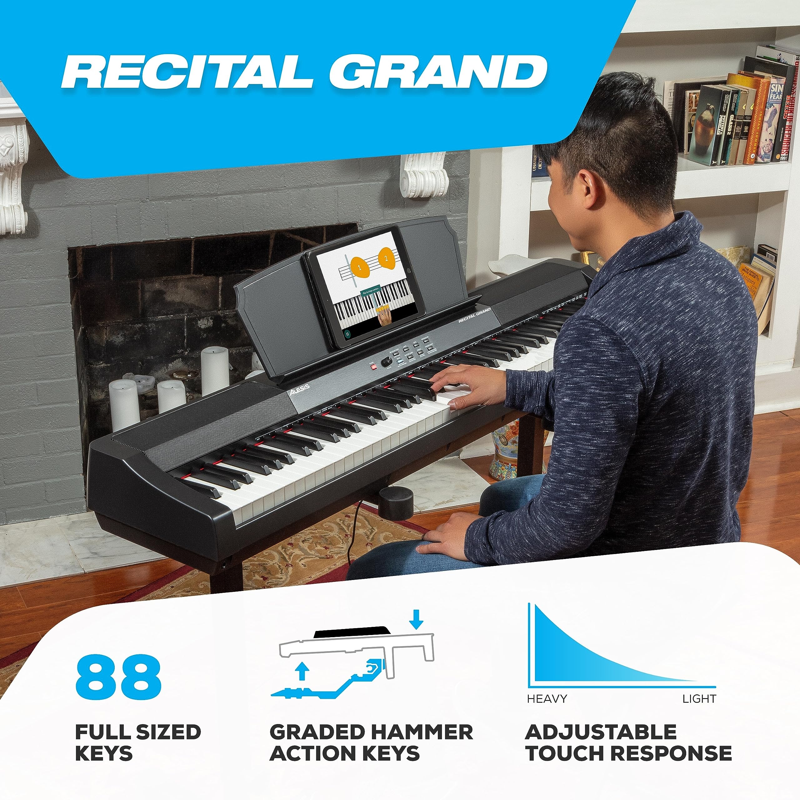 Alesis Recital Grand - Digital Piano 88 Weighted Keys with Hammer Action, Sustain Pedal, 16 Premium Voices, Speakers, Piano Lessons, Sheet Music Stand