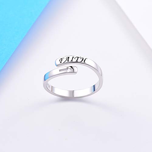 Fookduoduo 925 Sterling Silver Ring Inspirational Jewelry adjustable Wrap Open Rings for Women (faith ring)