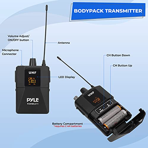 Pyle Dual UHF Microphone System - Portable Professional Cordless Microphone Set Wireless Mic Kit w/Headset / Lavalier Mic, Beltpack Transmitter, Receiver - Karaoke & Conference - Pyle PDWMU211,Black