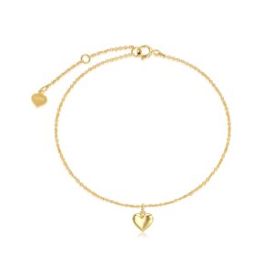 sisgem real 14k gold puff heart anklet for women, solid 14 karat gold love ankle bracelets foot jewelry gifts for her, 9+1+1 inch