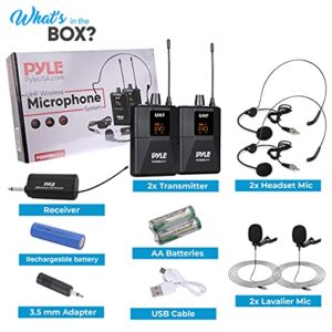 Pyle Dual UHF Microphone System - Portable Professional Cordless Microphone Set Wireless Mic Kit w/Headset / Lavalier Mic, Beltpack Transmitter, Receiver - Karaoke & Conference - Pyle PDWMU211,Black