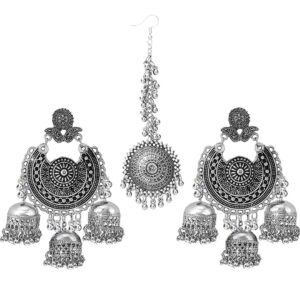 jd'z collection traditional fashion jewelry earrings wedding wear jhumka, indian bollywood stylish oxidized mangtika jhumki tribal earring set for women earring sets for women, jewelry gift for womens (design-1)