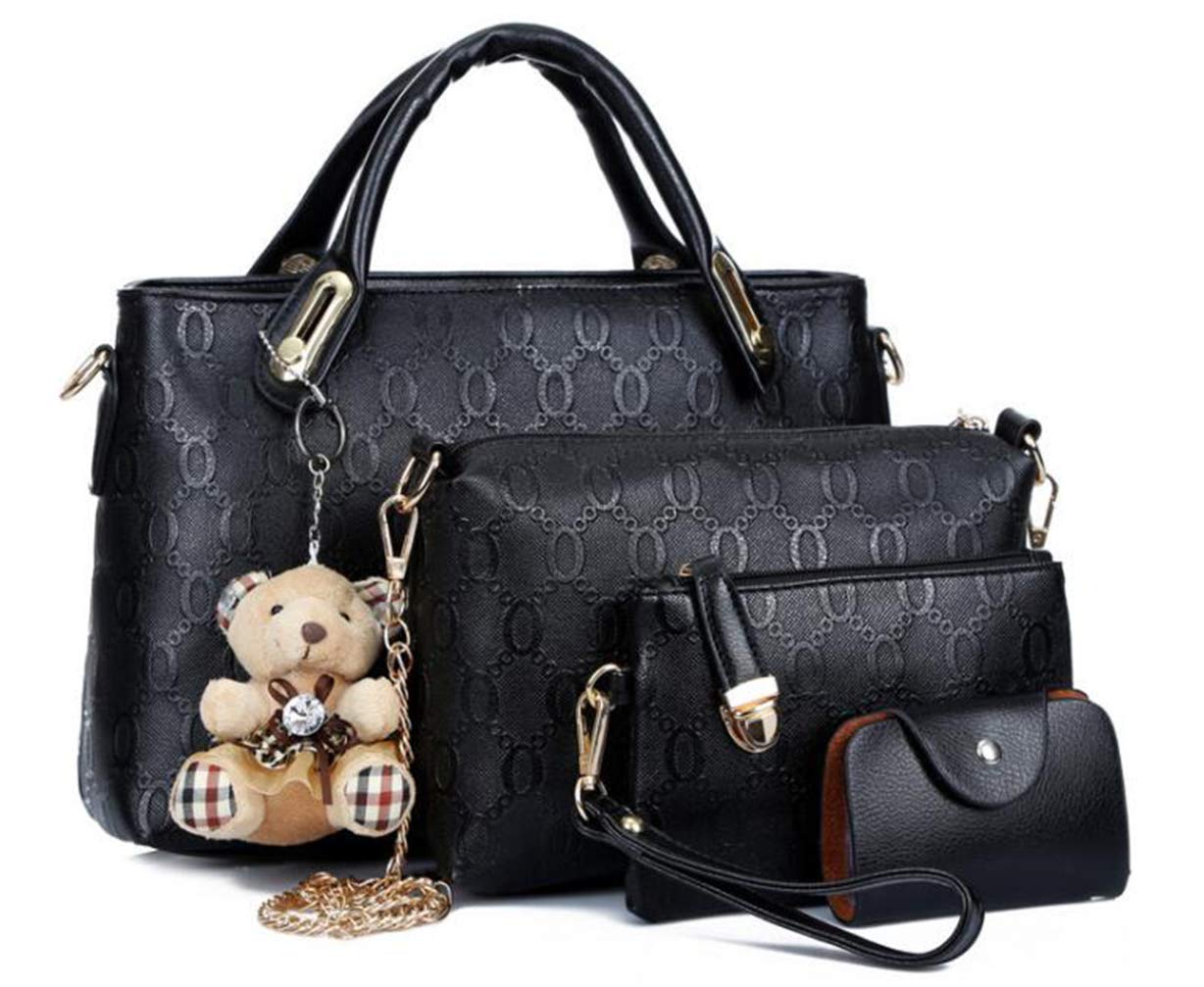 GJGJTER Women Synthetic PU Leather Tote Handbag Wallet 4pcs Set Clutch Purse Satchels with Bear Pendant-Black