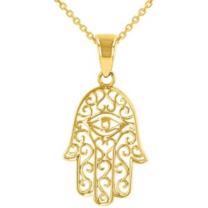 jewelry america solid 14k yellow gold filigree hamsa hand of fatima with evil eye pendant necklace, 20"