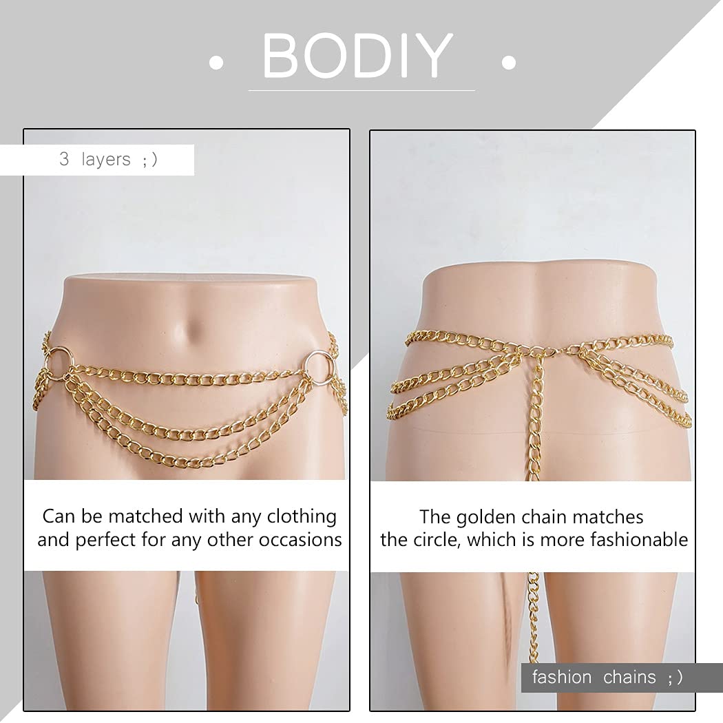 Bodiy Layered Belly Waist Chain Belt Gold Cuban Body Chains Bikini Rave Party Body Jewelry for Women and Girls