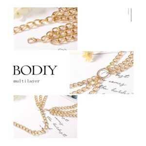 Bodiy Layered Belly Waist Chain Belt Gold Cuban Body Chains Bikini Rave Party Body Jewelry for Women and Girls