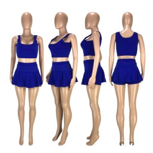 Womens Casual Sports 2 Piece Outfits Skirt Sets Athletic Tank Crop Top Tennis Golf Skorts Skirts Activewear (SM9158-Royal Blue,L)