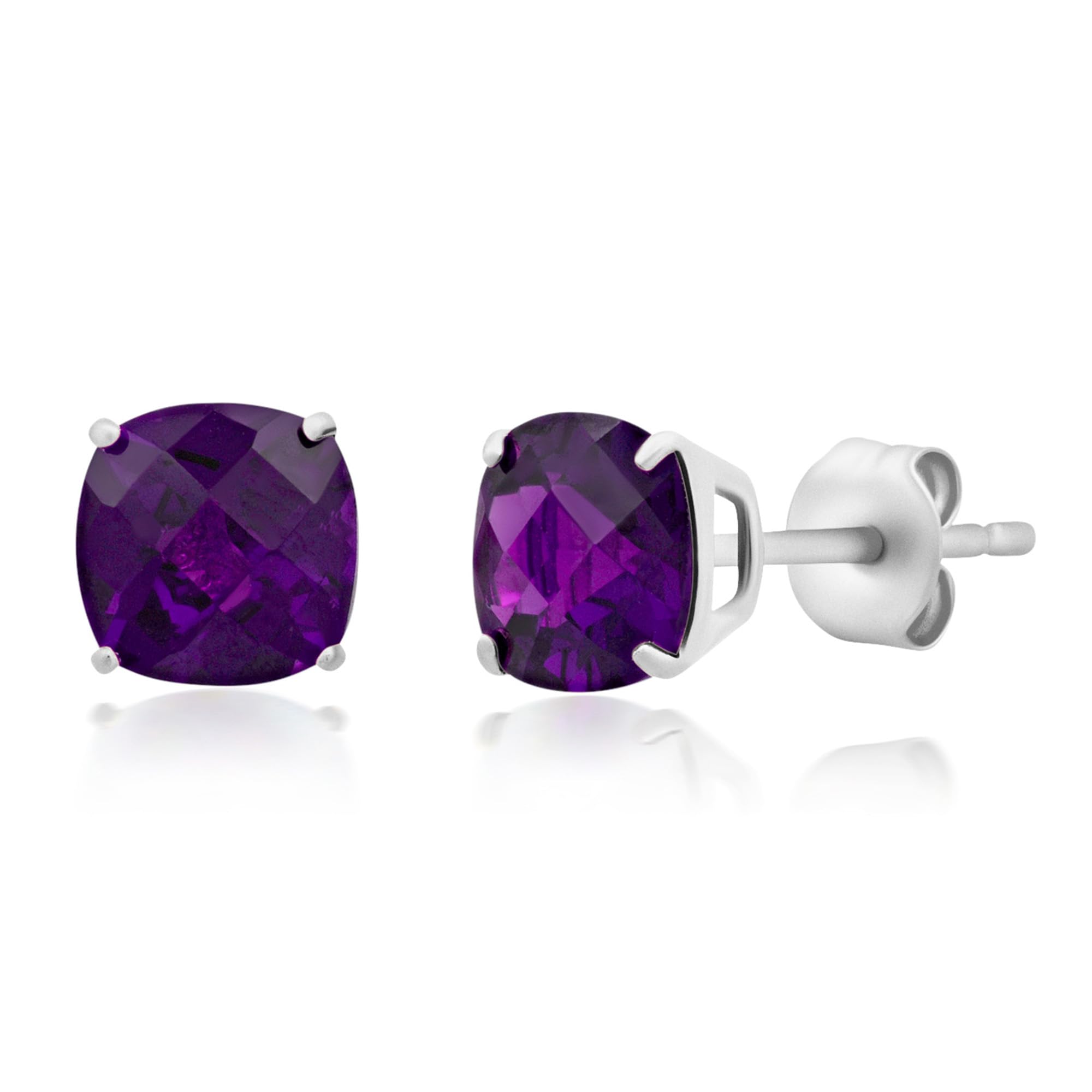 MAX + STONE 14k White Gold Cushion Cut Purple Amethyst Stud Earrings for Women | 6mm February Birthstone