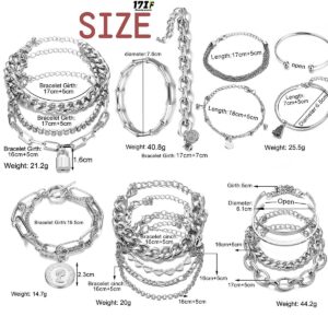 17IF 18 Pcs (6 Pack) Silver Bracelets Set for Women Boho Aesthetic Layered Stackable 14K Bangle Adjustable Cuff Grunge Italian Cuban Charm Chunky Simple Layering Bracelet Jewelry