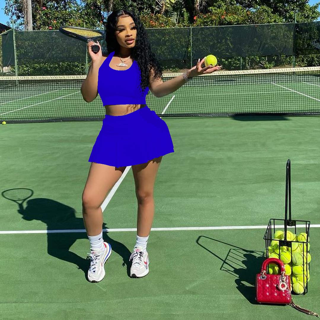 Womens Casual Sports 2 Piece Outfits Skirt Sets Athletic Tank Crop Top Tennis Golf Skorts Skirts Activewear (SM9158-Royal Blue,L)