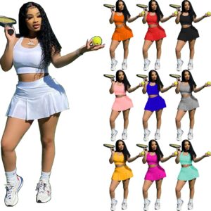 Womens Casual Sports 2 Piece Outfits Skirt Sets Athletic Tank Crop Top Tennis Golf Skorts Skirts Activewear (SM9158-Royal Blue,L)