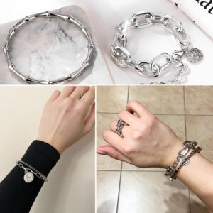 17IF 18 Pcs (6 Pack) Silver Bracelets Set for Women Boho Aesthetic Layered Stackable 14K Bangle Adjustable Cuff Grunge Italian Cuban Charm Chunky Simple Layering Bracelet Jewelry