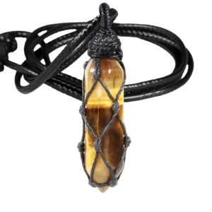 tumbeelluwa hexagonal tiger’s eye crystal points pendant necklace for unisex wrapped stone wand pendant with adjustable cord