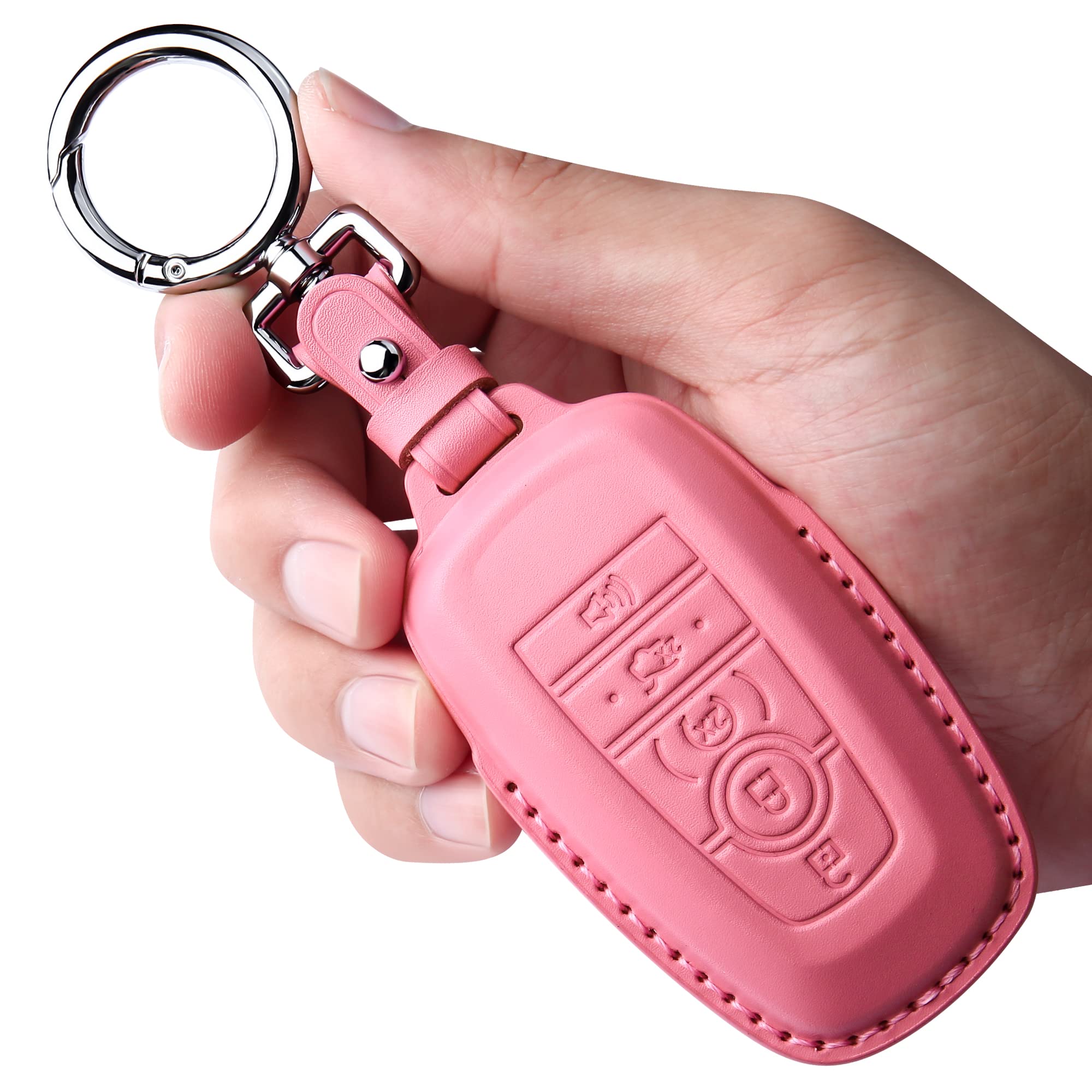 Tukellen for Ford Leather Key Fob Cover with Keychain Compatible with Ford Explorer Mustang Fusion Escape F150 F250 F350 F450 F550 Edge-Pink