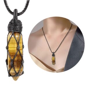 TUMBEELLUWA Hexagonal Tiger’s Eye Crystal Points Pendant Necklace for Unisex Wrapped Stone Wand Pendant with Adjustable Cord