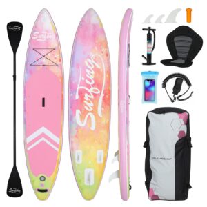 yusing 11' inflatable stand up paddle board with kayak seat, non-slip deck sup paddle board with premium kayak and sup accessories & backpack, portable standing boat for youth & adult(pink)