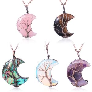 hicarer 5 pieces tree life crescent moon necklace copper wire wrap natural gemstones healing crystal pendant quartz jewelry