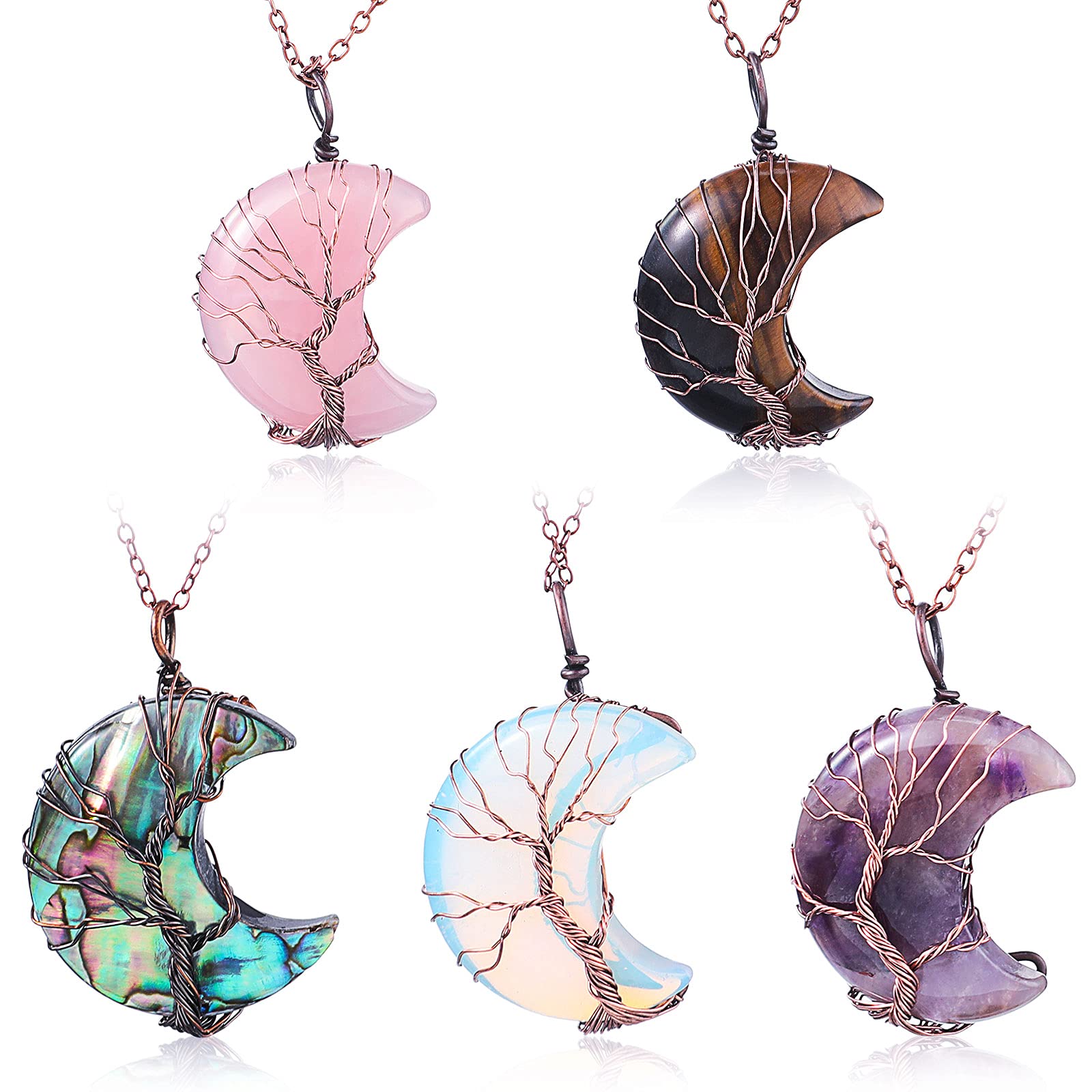 Hicarer 5 Pieces Tree Life Crescent Moon Necklace Copper Wire Wrap Natural Gemstones Healing Crystal Pendant Quartz Jewelry