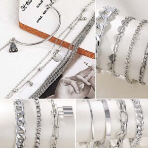 17IF 18 Pcs (6 Pack) Silver Bracelets Set for Women Boho Aesthetic Layered Stackable 14K Bangle Adjustable Cuff Grunge Italian Cuban Charm Chunky Simple Layering Bracelet Jewelry