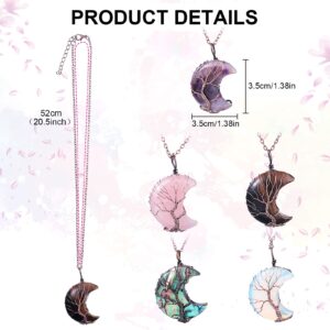 Hicarer 5 Pieces Tree Life Crescent Moon Necklace Copper Wire Wrap Natural Gemstones Healing Crystal Pendant Quartz Jewelry