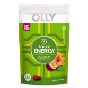 olly daily energy gummy, caffeine free, vitamin b12, coq10, goji berry, adult chewable supplement, tropical flavor - 120 count pouch