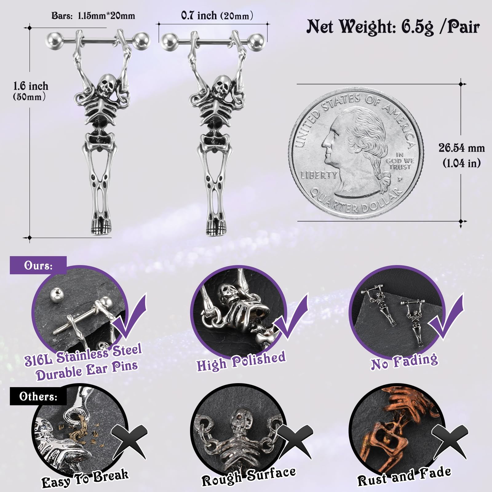 QGOLIVER Skull Earrings Skeleton Dangle Gothic Punk Spooky Christmas Earrings for Women Men