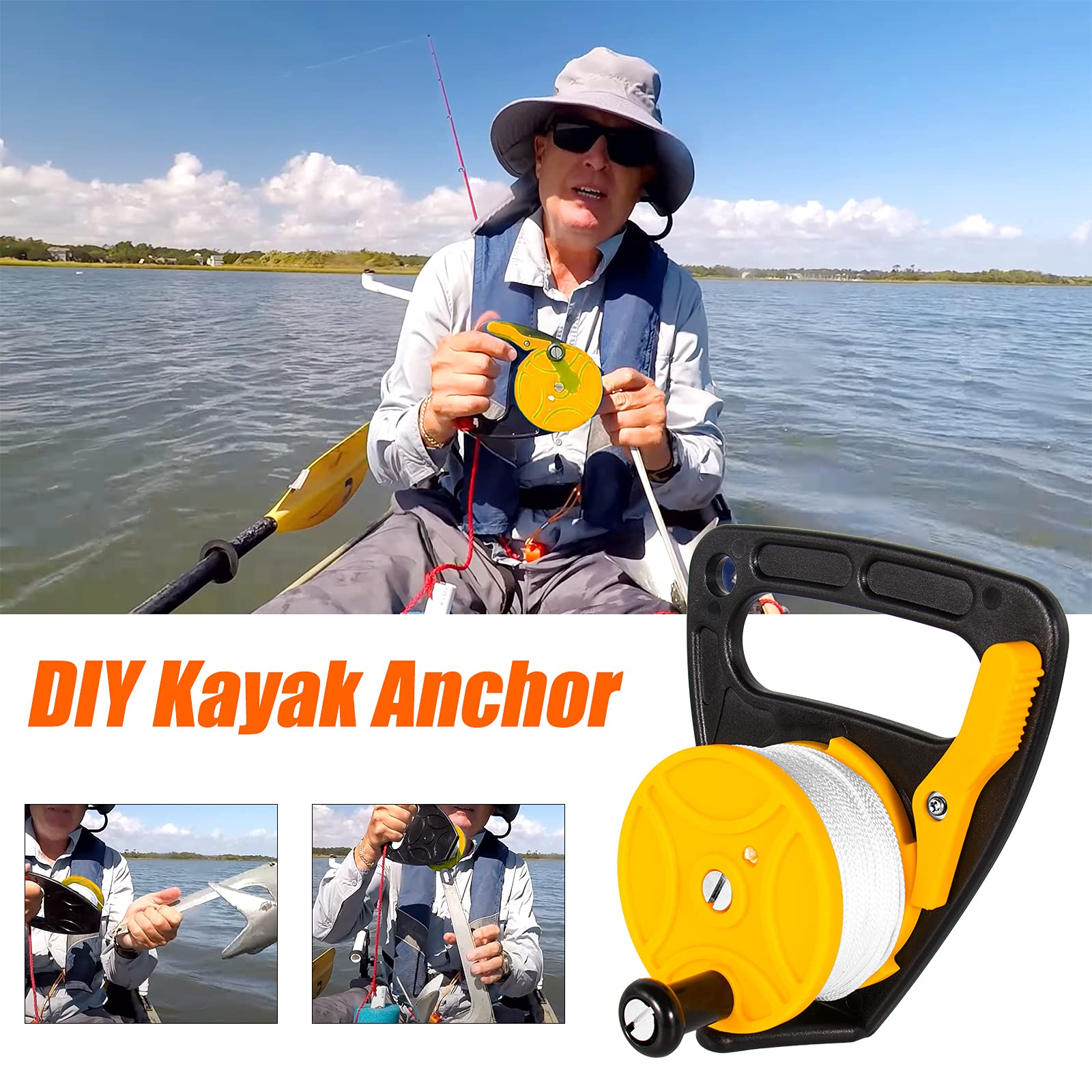 Seafard Compact 150ft Scuba Dive Reel Kayak Anchor with Thumb Stopper for Safety Underwater Diving Snorkeling Yellow