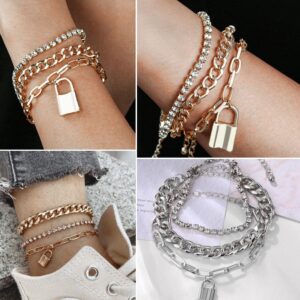 17IF 18 Pcs (6 Pack) Silver Bracelets Set for Women Boho Aesthetic Layered Stackable 14K Bangle Adjustable Cuff Grunge Italian Cuban Charm Chunky Simple Layering Bracelet Jewelry