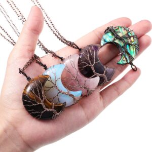 Hicarer 5 Pieces Tree Life Crescent Moon Necklace Copper Wire Wrap Natural Gemstones Healing Crystal Pendant Quartz Jewelry