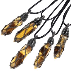 TUMBEELLUWA Hexagonal Tiger’s Eye Crystal Points Pendant Necklace for Unisex Wrapped Stone Wand Pendant with Adjustable Cord