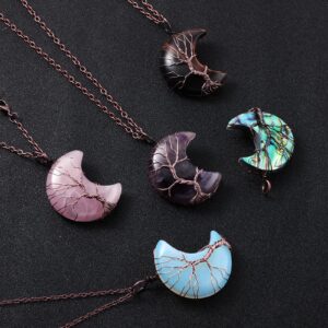 Hicarer 5 Pieces Tree Life Crescent Moon Necklace Copper Wire Wrap Natural Gemstones Healing Crystal Pendant Quartz Jewelry