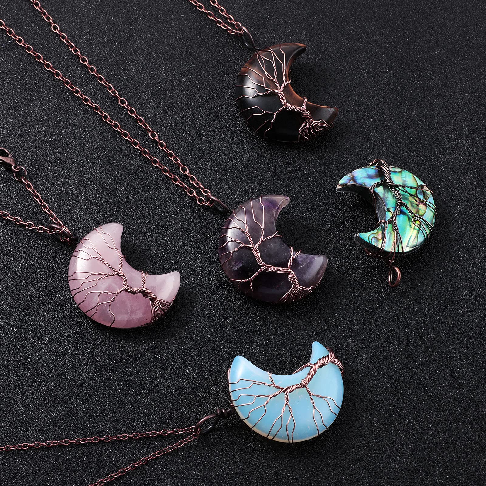 Hicarer 5 Pieces Tree Life Crescent Moon Necklace Copper Wire Wrap Natural Gemstones Healing Crystal Pendant Quartz Jewelry