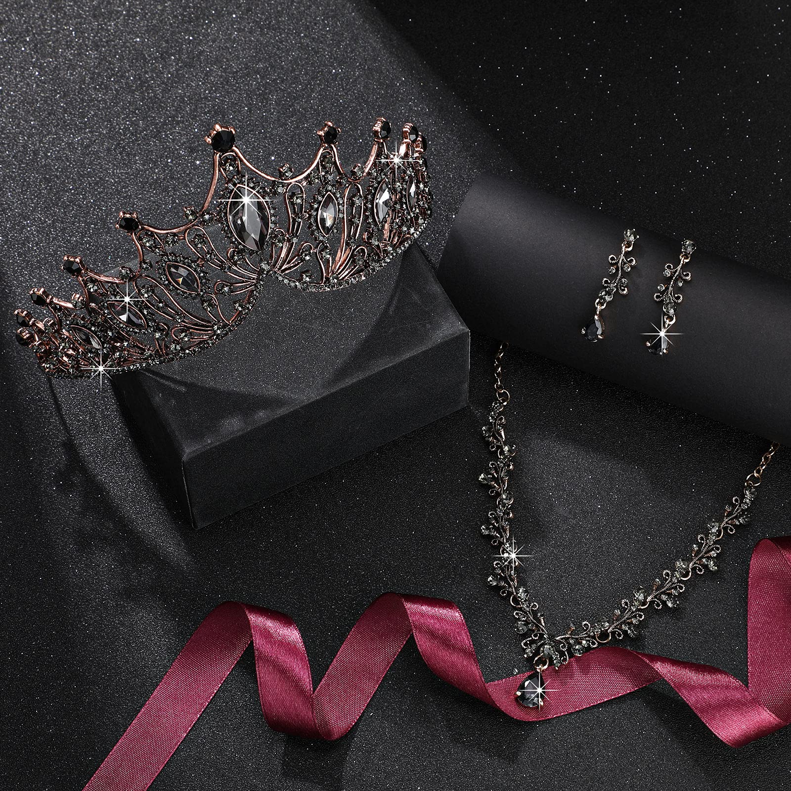 Hicarer 3 Pieces Baroque Queen Crown Set, Tiara Earrings Necklace Crystal Headband Tiaras and Crowns for Women Bridal Wedding Jewelry Halloween Prom Birthday Party Hair Costume Accessories (Black)