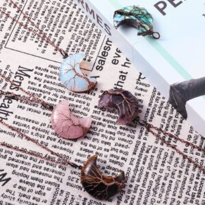 Hicarer 5 Pieces Tree Life Crescent Moon Necklace Copper Wire Wrap Natural Gemstones Healing Crystal Pendant Quartz Jewelry