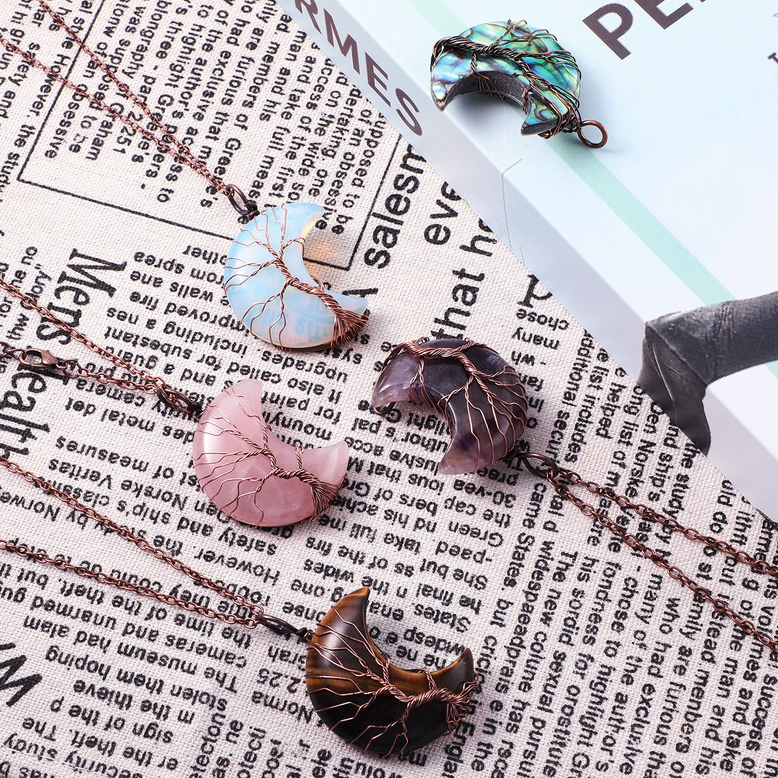 Hicarer 5 Pieces Tree Life Crescent Moon Necklace Copper Wire Wrap Natural Gemstones Healing Crystal Pendant Quartz Jewelry