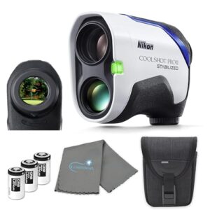 nikon coolshot proii golf laser rangefinder (16758) stabilized view bundle with 3 extra cr2 batteries and a cleaning cloth - laser yard alignment with club selection, and slope - mens golf accesories