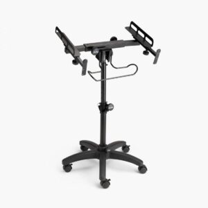 on-stage mix-400 v2 mobile mixer stand: rolling platform for mixers, laptops, controllers. height adjustable (28"-38"), rackmount compatible, headphone hanger. portable, black finish.