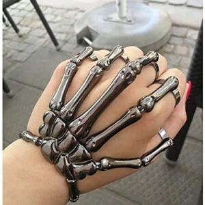 Gothic Handmade Halloween Skull Fingers Wristband Punk Halloween Metal Skeleton Fingers Hand Bone Bracelet with Adjustable Ring Wristband for Women Girls Party-Black