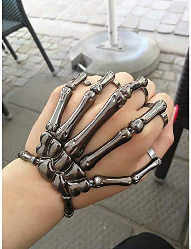 Gothic Handmade Halloween Skull Fingers Wristband Punk Halloween Metal Skeleton Fingers Hand Bone Bracelet with Adjustable Ring Wristband for Women Girls Party-Black