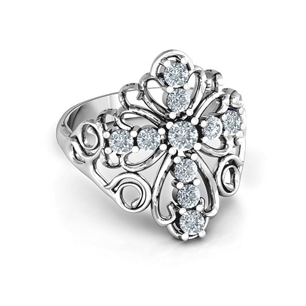 Savlano 18K White Gold Plated Round Cut Cubic Zirconia Filigree Cross Ring Women Religious Ring (9)