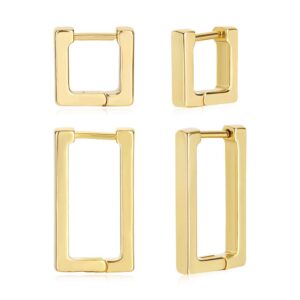 2 pairs 14k gold plated minimalist hoop earrings small dainty geometric square and rectangle huggies hoops for women gift…