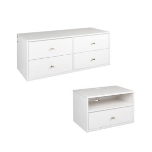 prepac 4-drawer hanging dresser and floating nightstand set, wall-mount nightstand and dresser for bedroom 16" d x 42.25" w x 17.25" h, white, wrbw-1401-2m