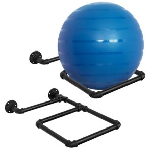 mygift wall-mounted exercise ball rack | black industrial pipe yoga stability ball storage display holder for home gym and studios, set of 2