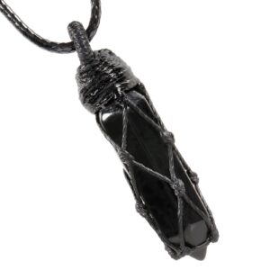 TUMBEELLUWA Hexagonal Black Obsidian Crystal Points Pendant Necklace for Unisex Wrapped Stone Wand Pendant with Adjustable Cord