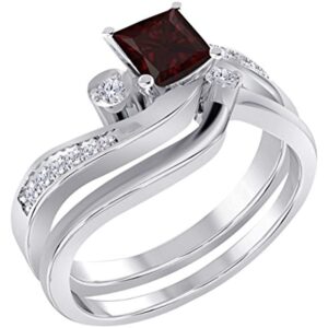 ritika created princess cut red garnet & white diamond 925 sterling silver in 14k gold over diamond wedding engagement bridal ring set for women